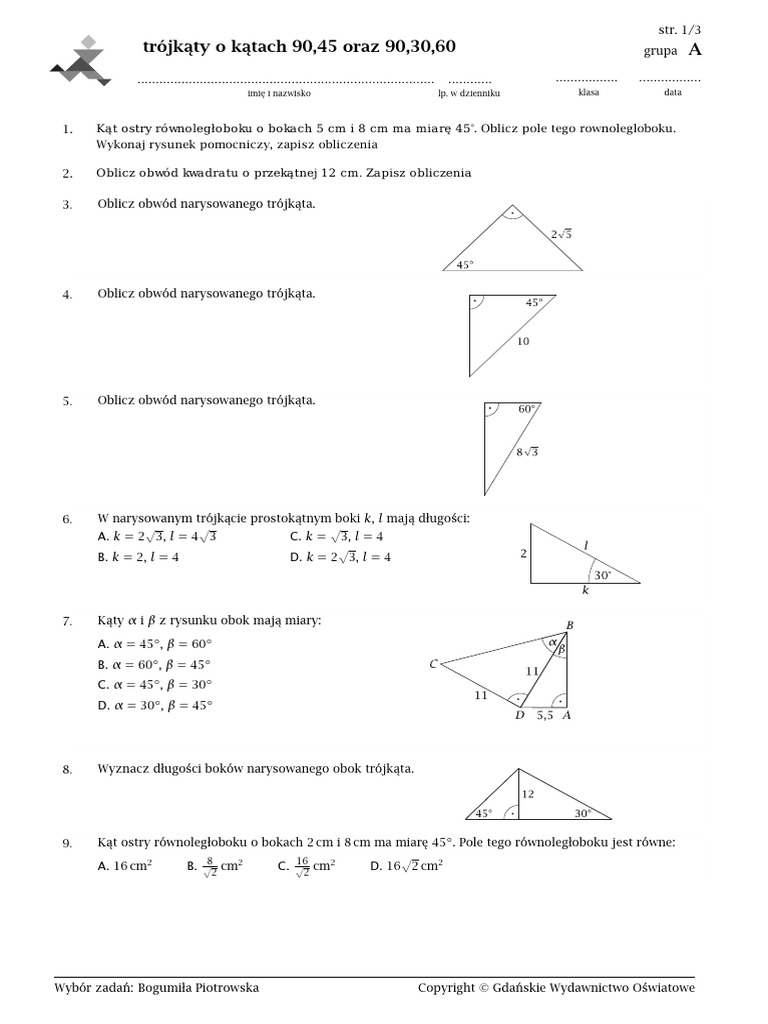 5, Trójkąty o Kątach 90,45 Oraz 90,30,60 | PDF