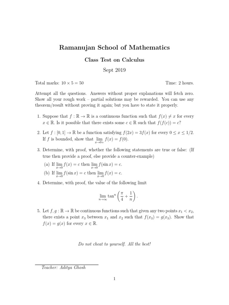Calc Test Sept 2019 Solutions | PDF | Mathematical Proof | Functions ...