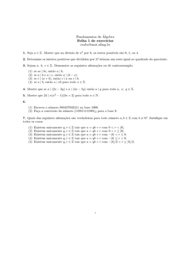 Exercícios de Fundamentos de Álgebra | PDF