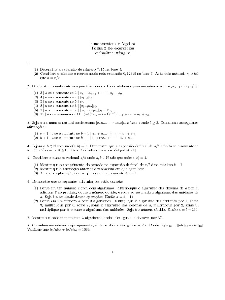 Exercícios de Álgebra e Divisibilidade | PDF | Decimal | Números
