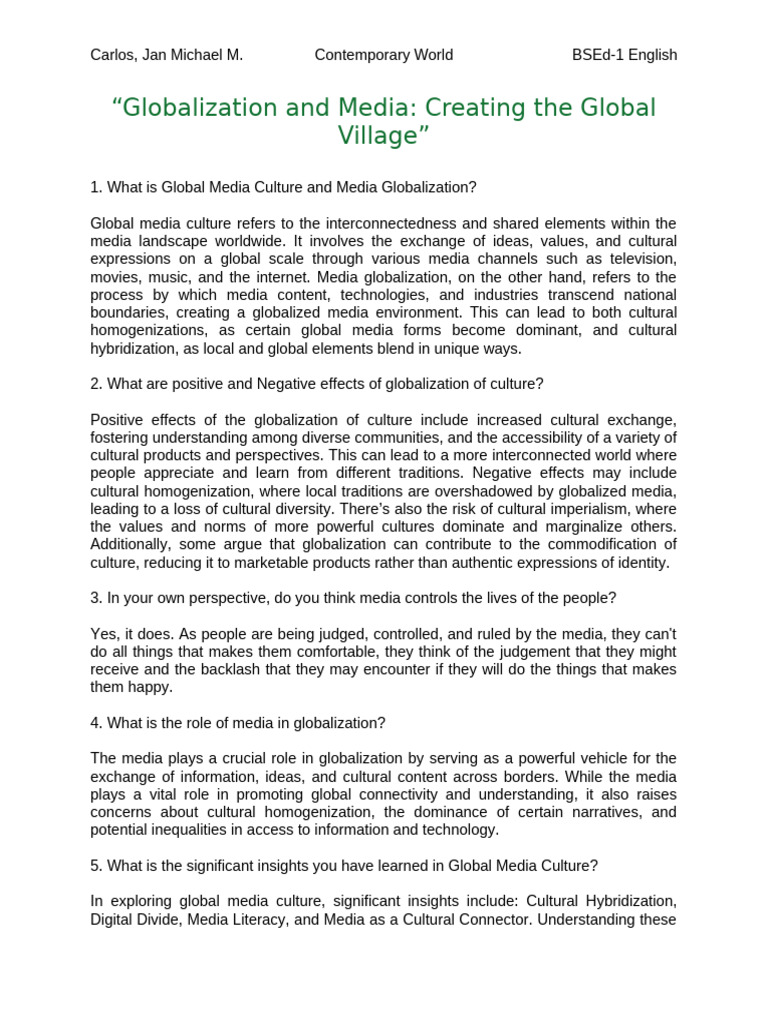 Globalization and Media Insights | PDF | Globalization | Cross Cultural ...