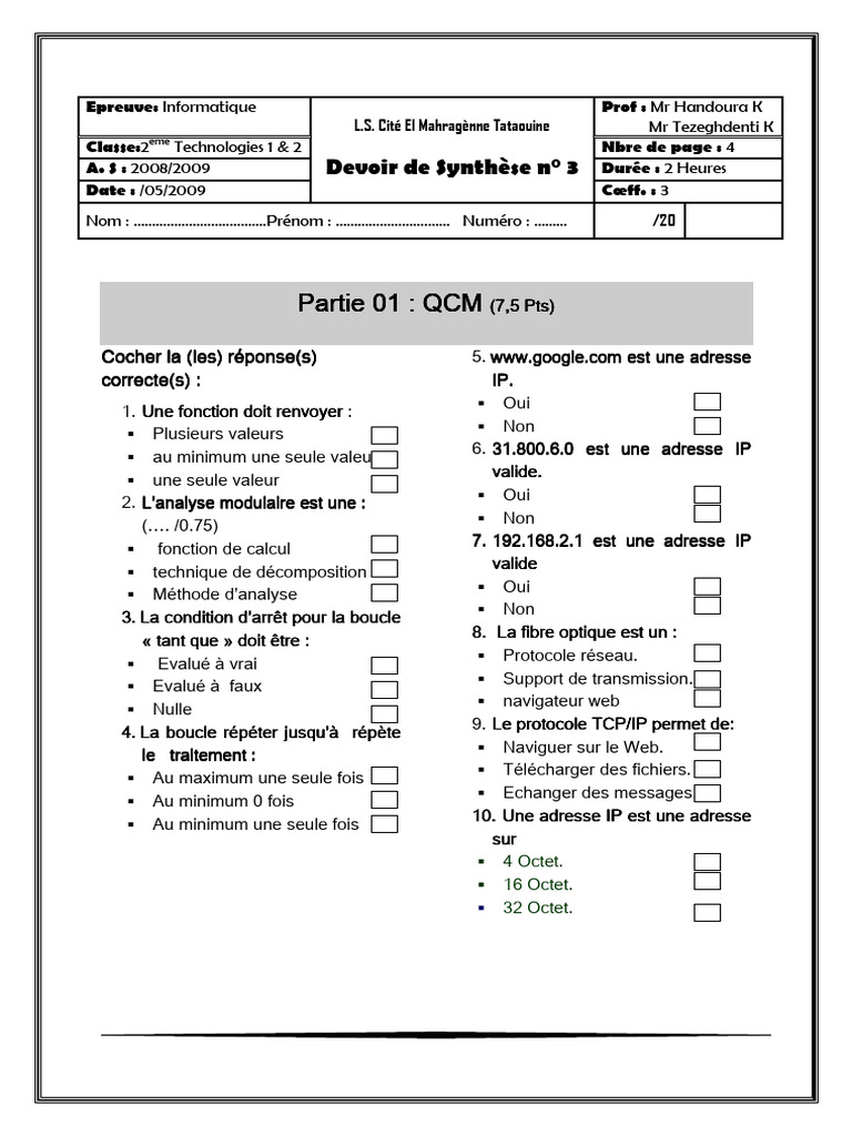 Devoir Informatique : QCM et Algorithmes | PDF | Protocoles Internet ...