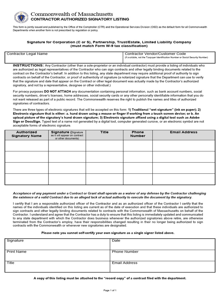 Form - Contractor Authorized Signatory Listing For Contractors 17 | PDF ...