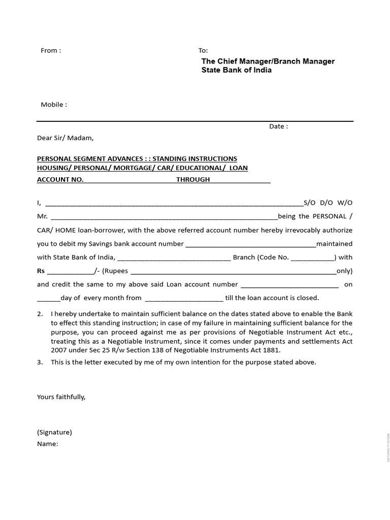 Standing Instruction Letter For Loan Fillable All Branches | PDF