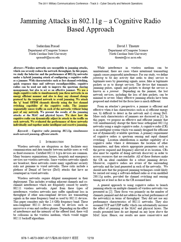 2011 Jamming Attacks In 802 11g A Cognitive Radio Based Approach Pdf