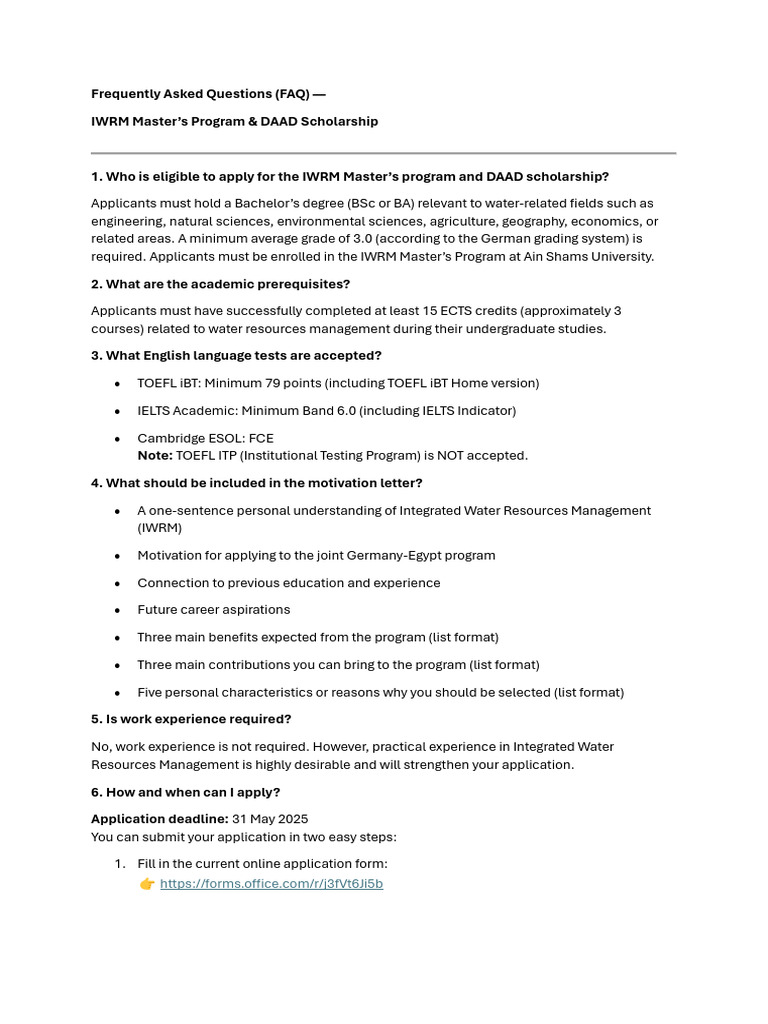 DAAD Scholarship FAQ for IWRM Program | PDF | Master's Degree | Test Of ...