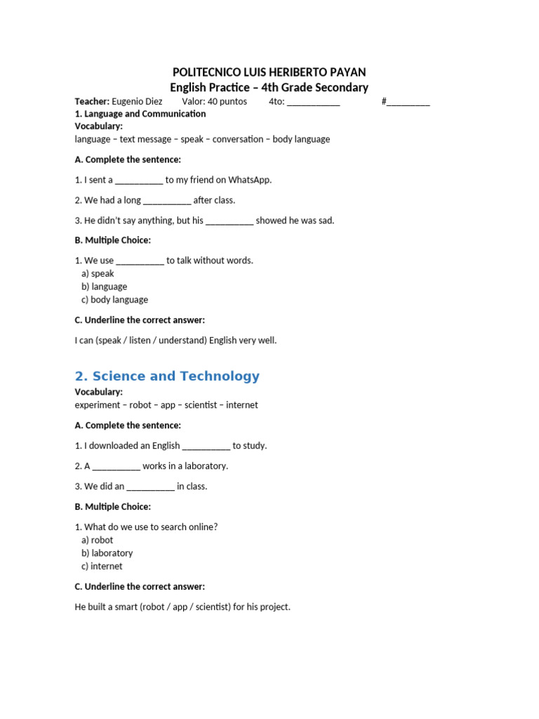 4th Grade English Practice Worksheet | PDF
