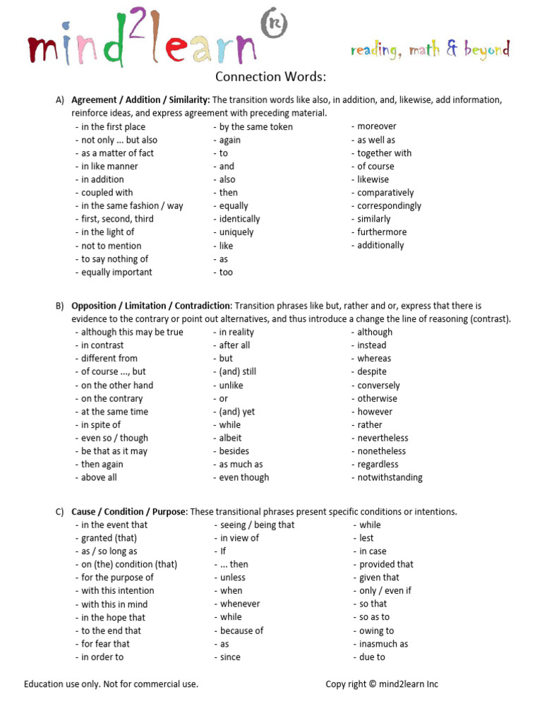 Transition Words and Phrases Guide | PDF | Reason
