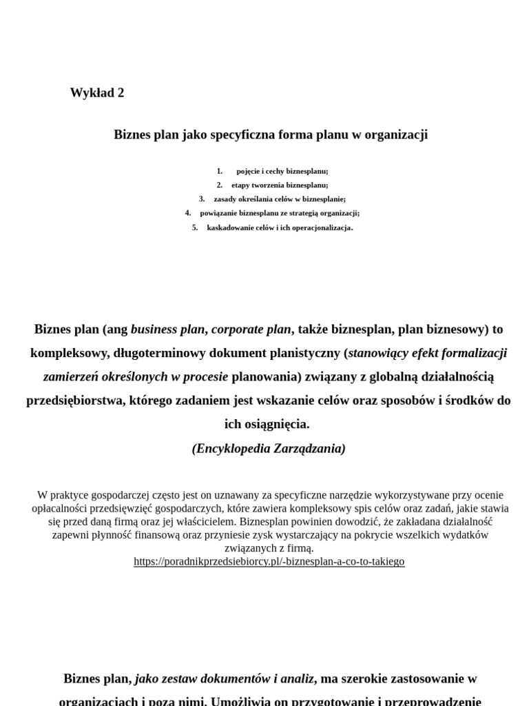 Wykład 2 - Biznesplan, Definicja, Cechy ..... | PDF