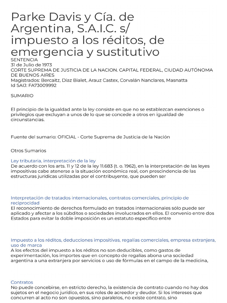 Parke Davis y Cía. de Argentina, S.A.I.C. S - Impuesto A Los Réditos ...