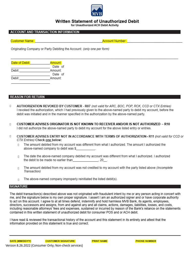 Written Statement of Unauthorized Debit (Consumer Only) | PDF | Debits And Credits | Indemnity