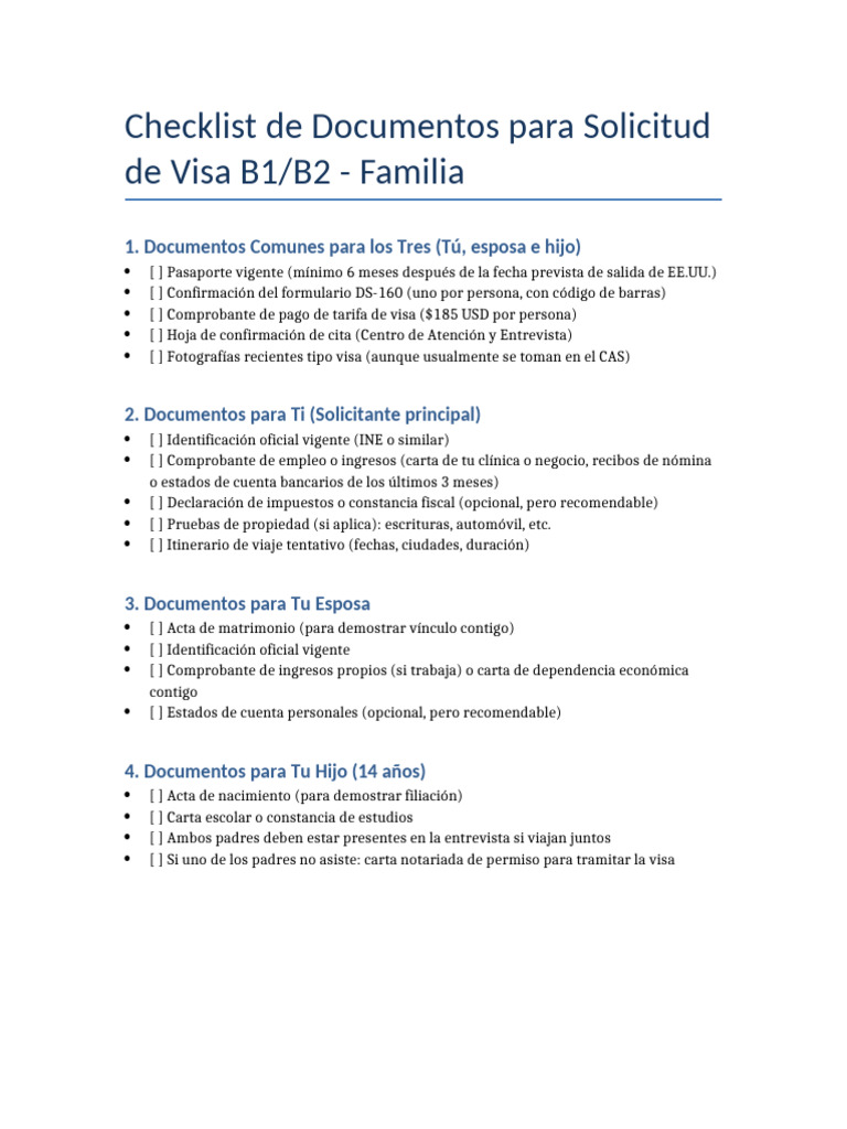 Checklist Visa B1 B2 Familia | PDF