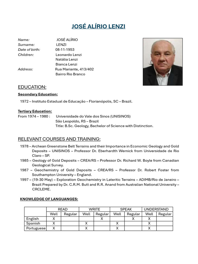 JOSÉ ALÍRIO LENZI - CV Completo | PDF | Mining | Brazil