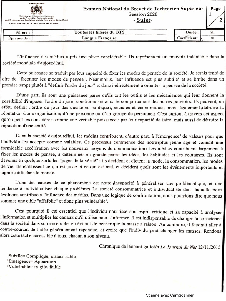Examen Langue Francaise 2020 | PDF