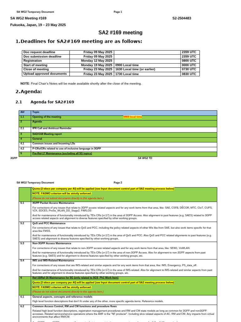 S2-2504483 - SA2#169 Meeting Agenda - r2 | PDF | Computing