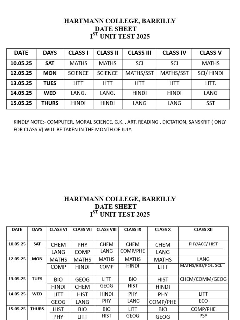 Date Sheet Ist Unit Test-3 | PDF