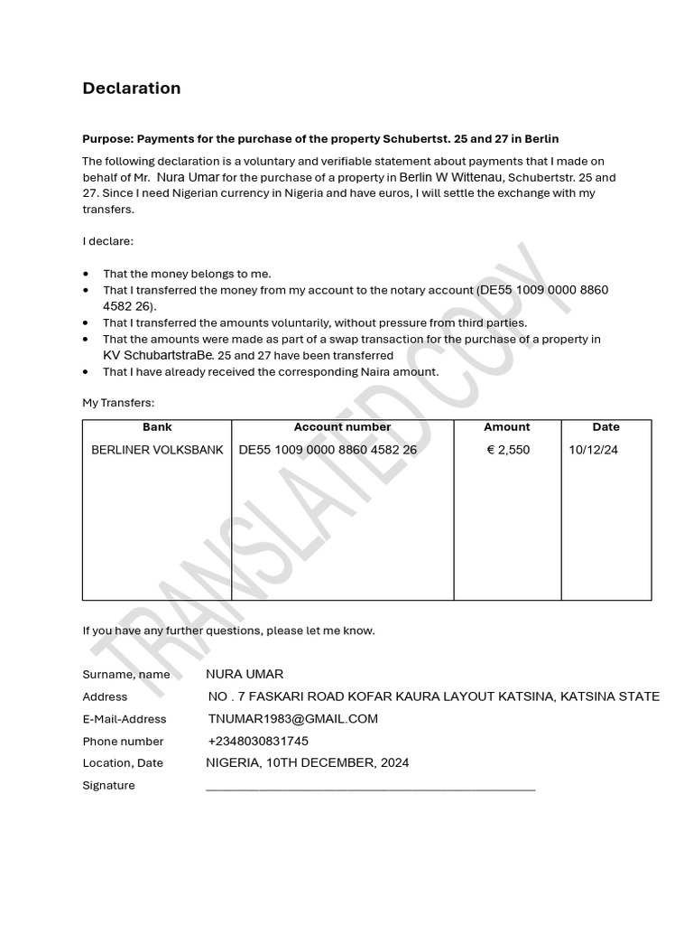 Declaration: Purpose: Payments For The Purchase of The Property ...