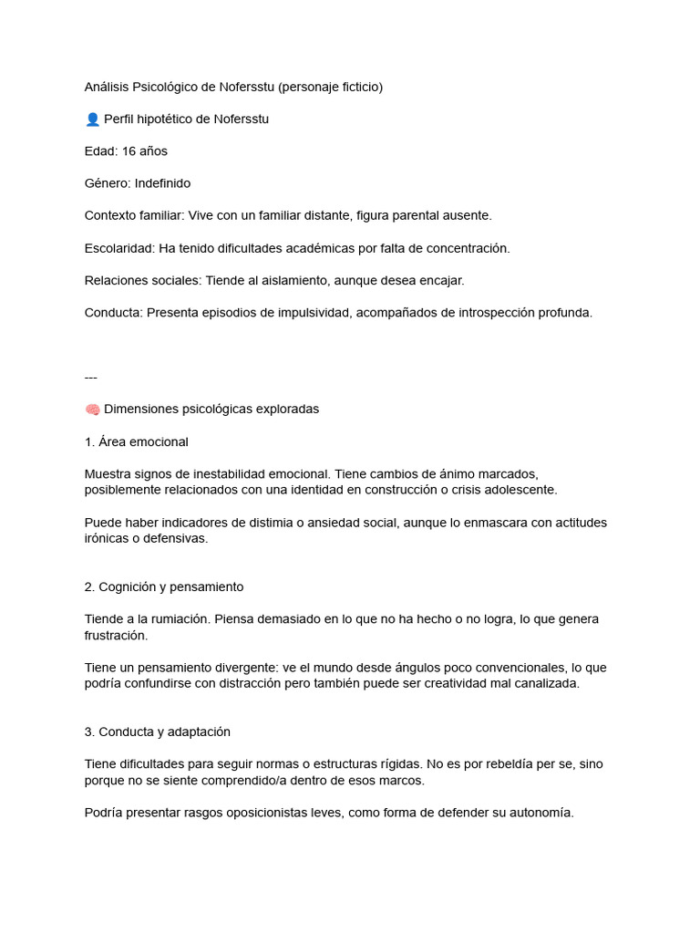 Análisis Psicológico de Nofersstu (Personaje Ficticio) | PDF