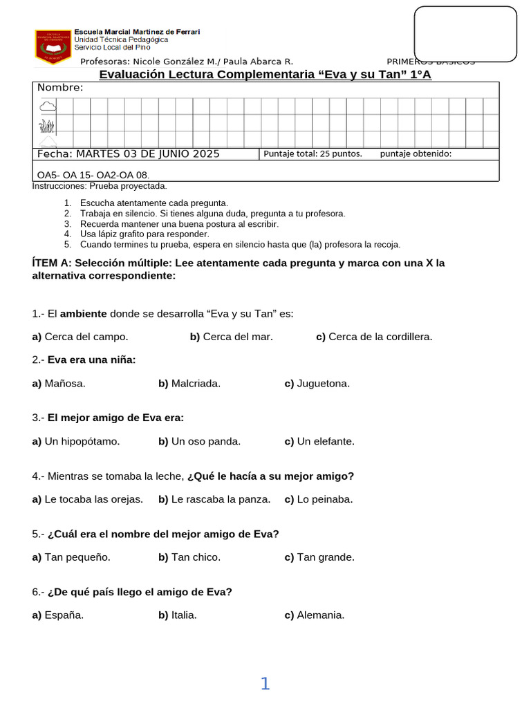 Evaluación Lectura Complementaria Eva y Su Tan | PDF
