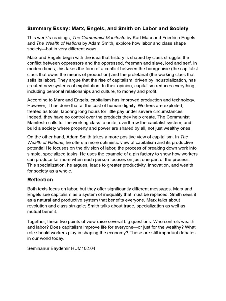 Summary Essay - Marx, Engels, and Smith On Labor and Society - Google ...