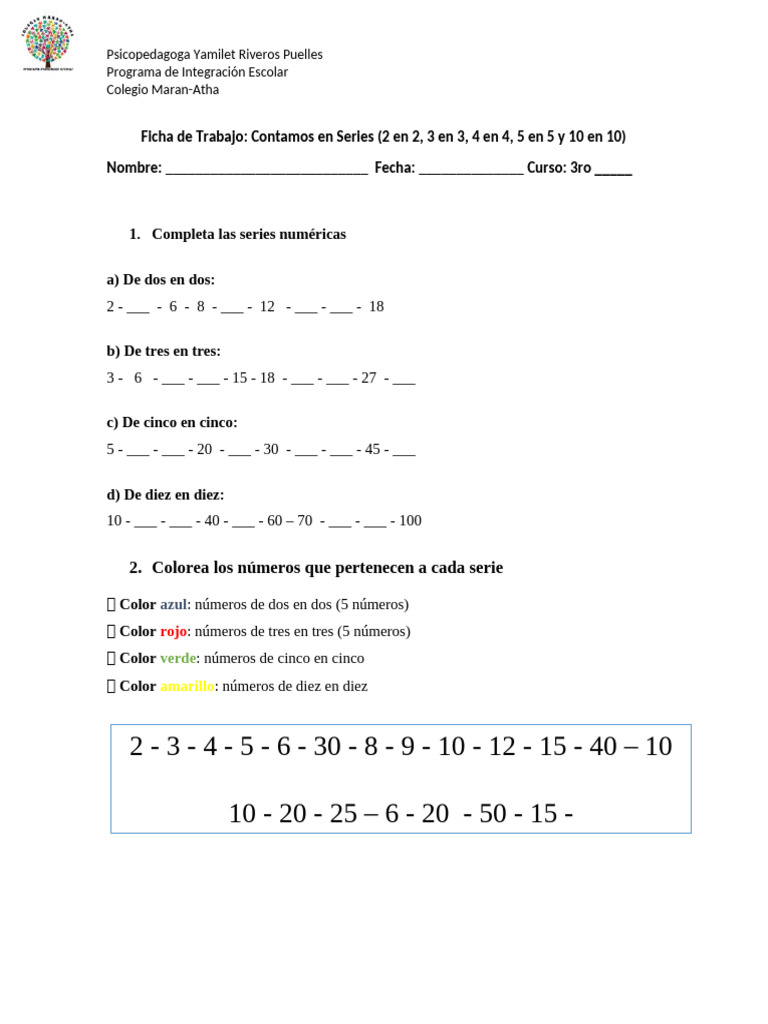 Ficha de Trabajo: Series Numéricas 3ro | PDF