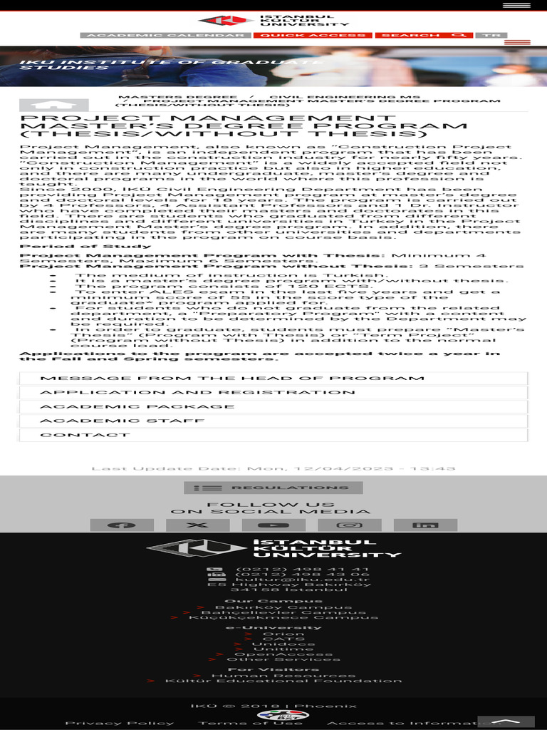 Project Management Master's Degree Program (ThesisWithout Thesis) IKU Institute of Graduate ...