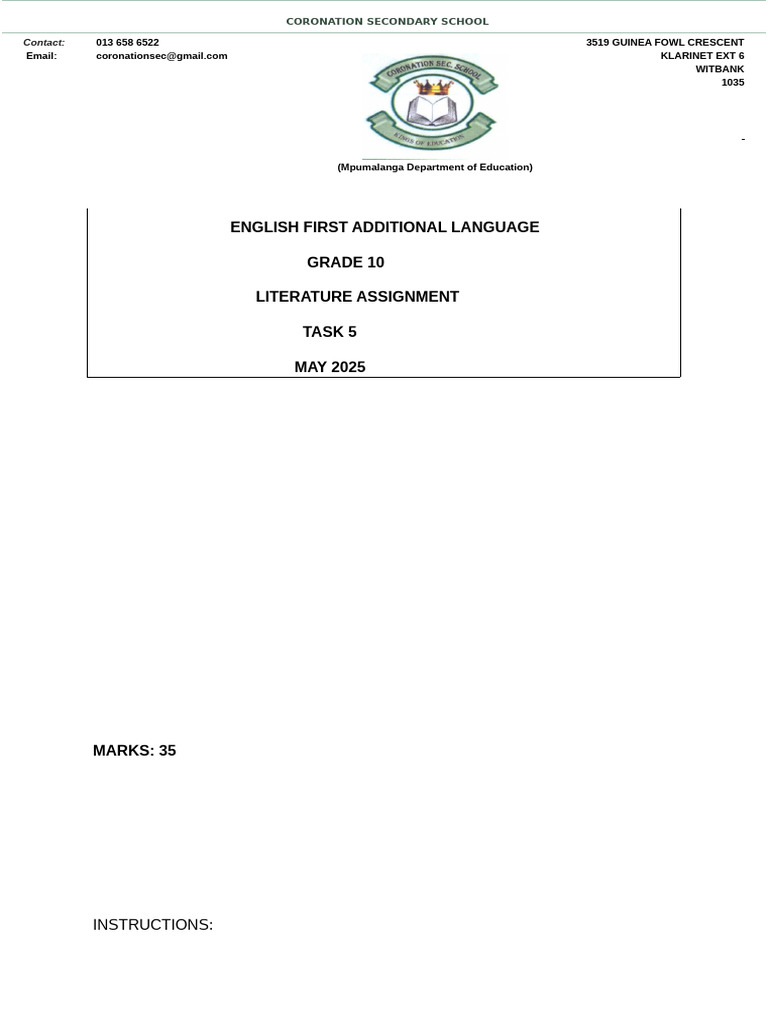 English Fal Grade 10 Literature Assignment | PDF