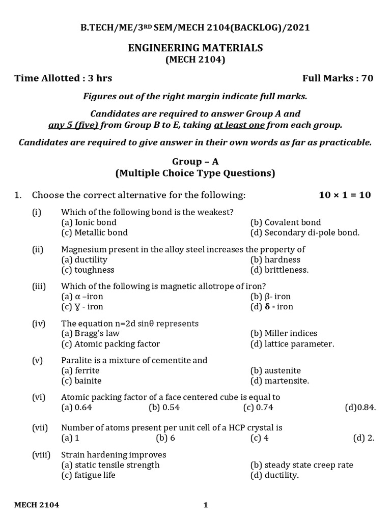 Engineering Materials (Backlog) Mech 2104 | PDF | Metals | Mechanical Engineering