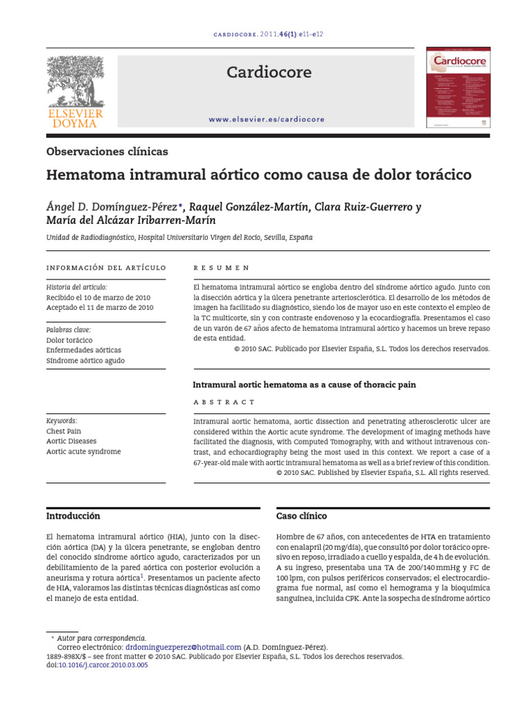 Hematoma intramural aórtico y dolor torácico | PDF | Enfermedades y ...