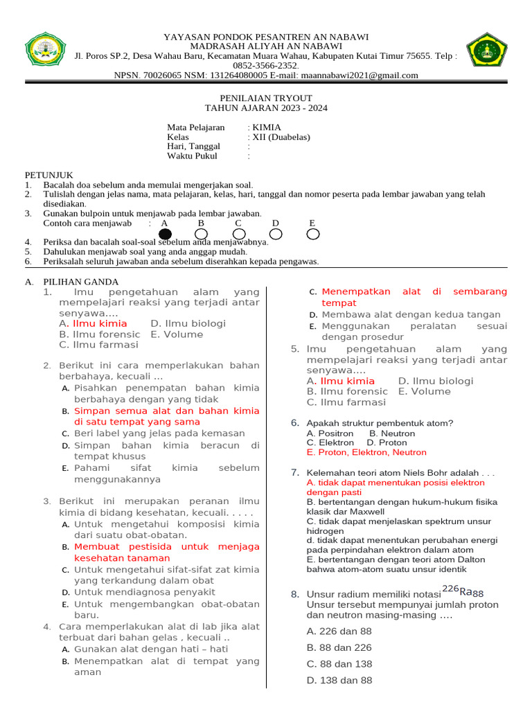 SOAL KIMIA PAS TRYOUT II | PDF