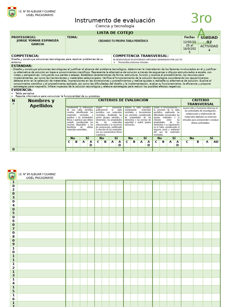 3° Sec - UNIDAD 2 - Instrumento de Evaluación - Actividad 4 (CyT Diseña 2025) - Lista de Cotejo ...