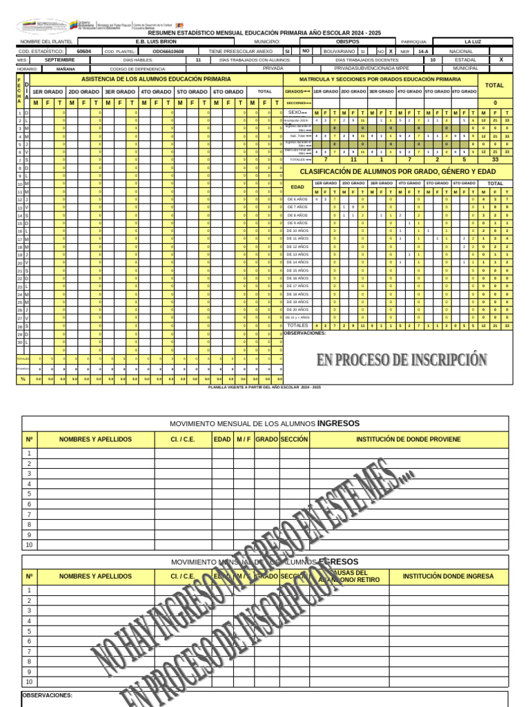 Resumen Estadístico Mensual Educación Primaria Año Escolar 2024 - 2025 ...