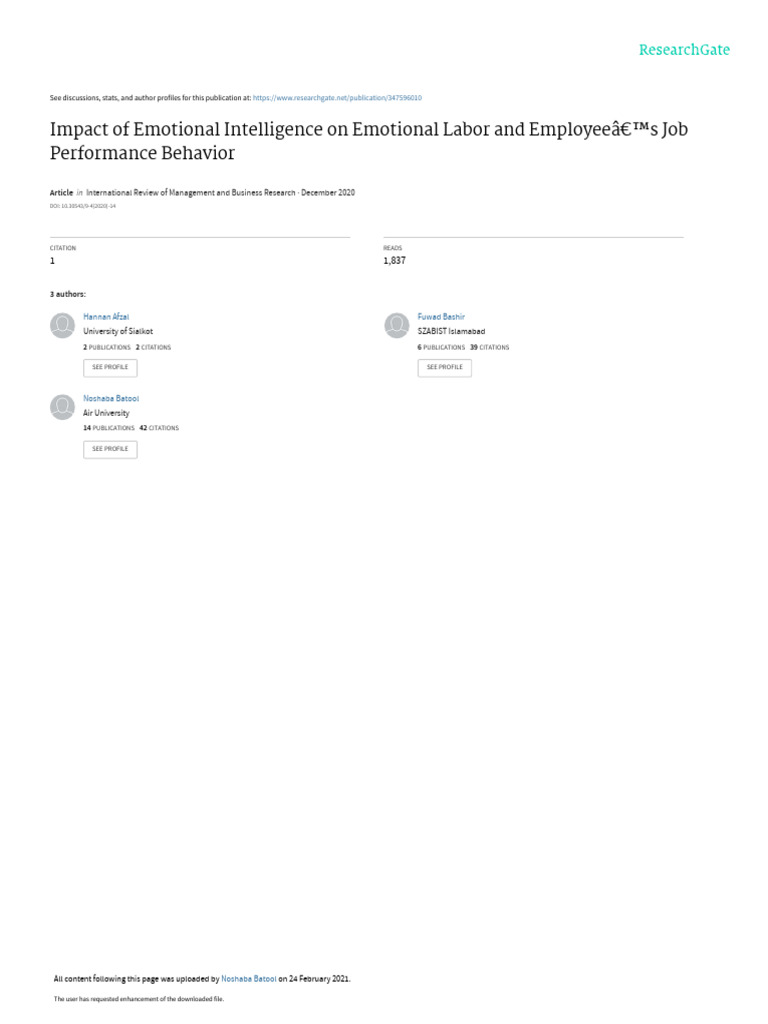 Impact of Emotional Intelligence On Emotional Labor and Employeeâ ™s ...