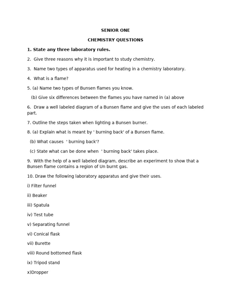 Senior One Chemistry Questions 1. State Any Three Laboratory Rules | PDF