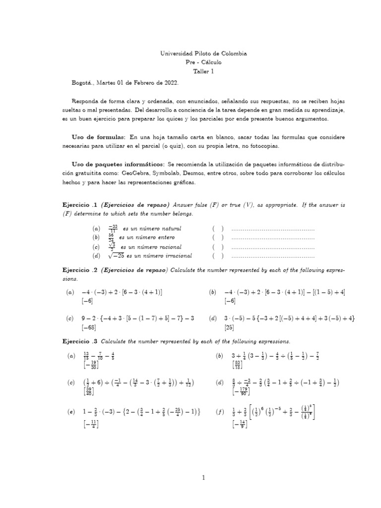 Taller de Pre-Cálculo: Ejercicios y Recursos | PDF | Aritmética ...