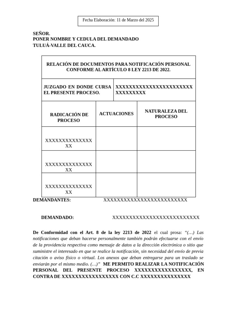 Formato de Notificacion Personal Conforme A La Ley 2213 | PDF