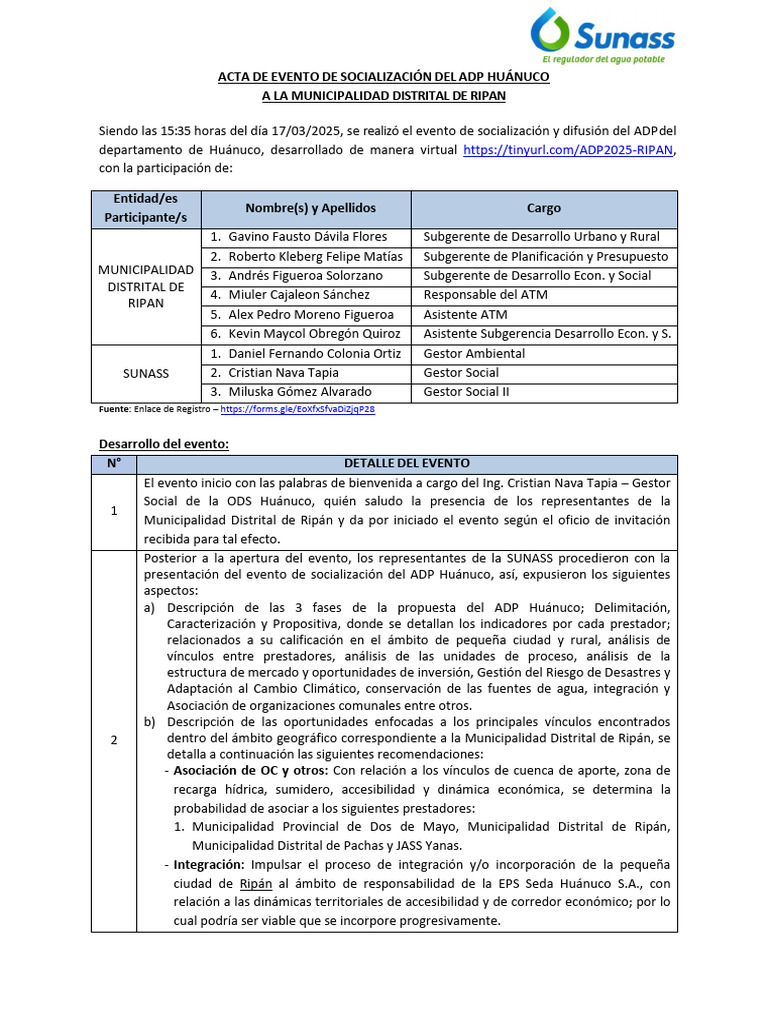 Acta de Socialización Del ADP a La MD Ripan (2) | PDF | Agua | Entorno natural