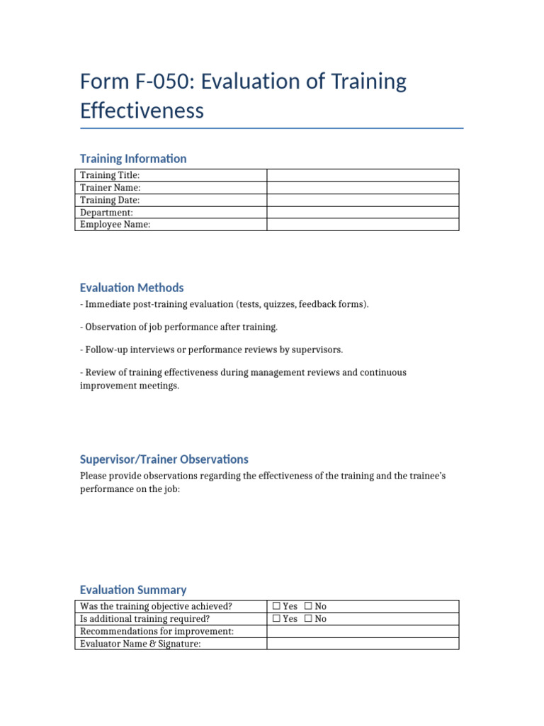 Form F-050 Evaluation of Training Effectiveness | PDF
