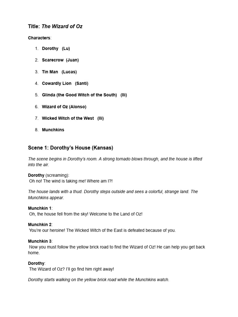Script The Wizard of Oz | PDF | Dorothy Gale | Scarecrow (Oz)