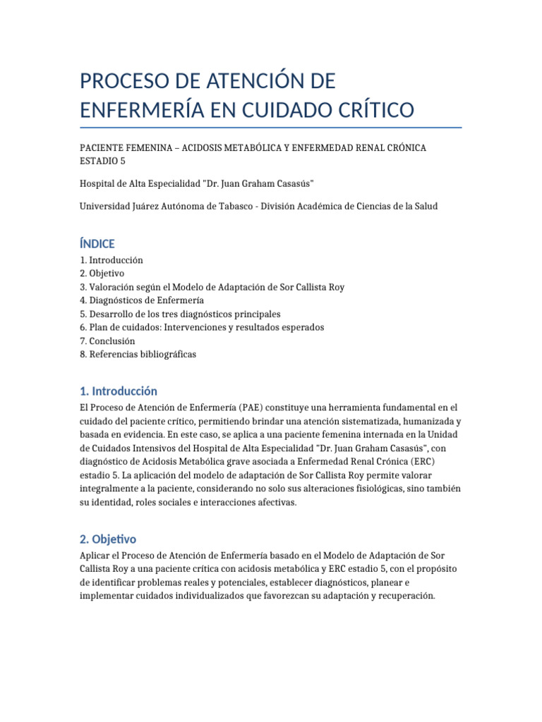 PAE Acidosis ERC Critico | PDF | Coma | Enfermería