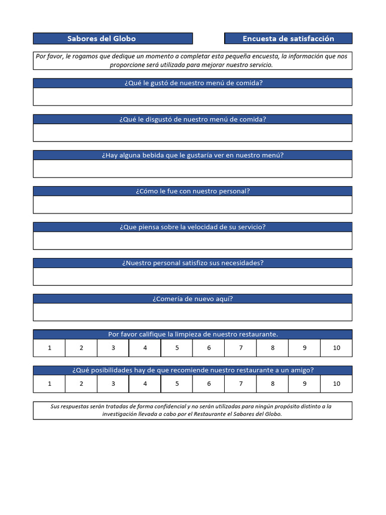Encuesta de satisfacción al cliente (Versión imprimible para rellenar ...