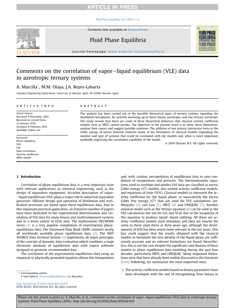 2016 Comments On The Correlation of VLE Data in Azeotropic Ternary ...