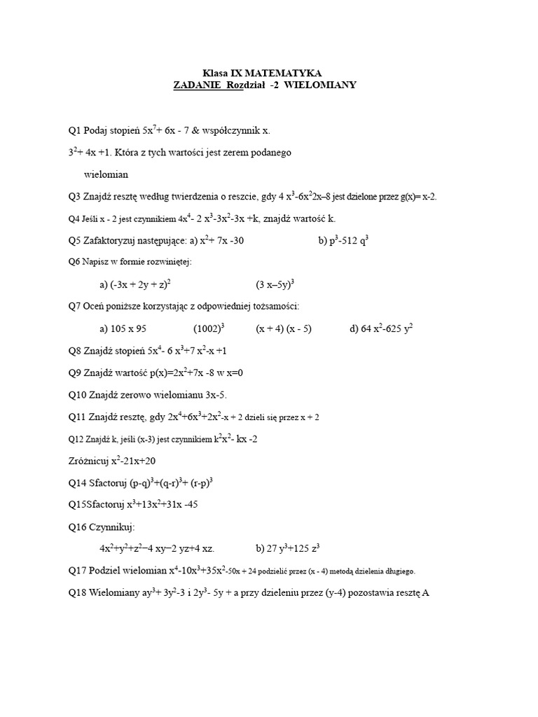 Klasa Ix Matematyka Zadanie Rozdział - 2 Wielomiany: Q3 Znajdź Resztę ...