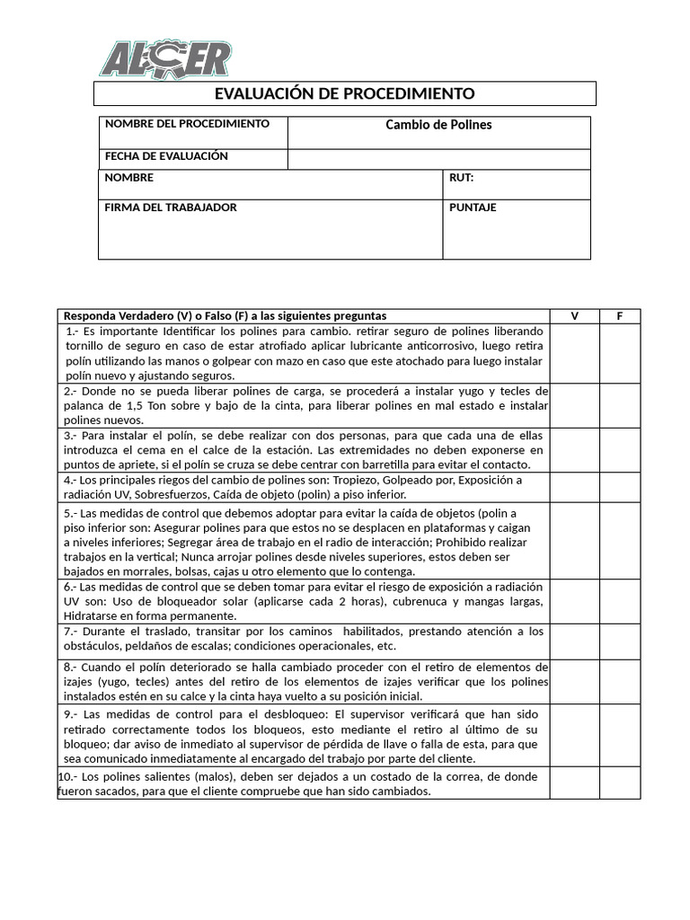 Evaluacion Procedimiento Cambio de Polines | PDF
