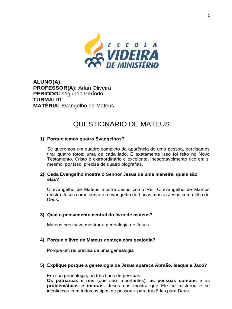 Resposta Questionario - Cairo Evangelho de Mateus | PDF | Jesus | O Reino de Deus