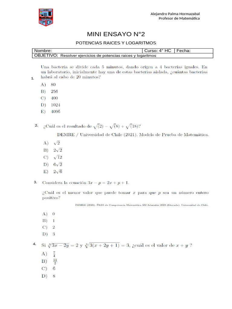 Ensayo N°3 POTENCIAS RAICES Y LOGARITMOS | PDF