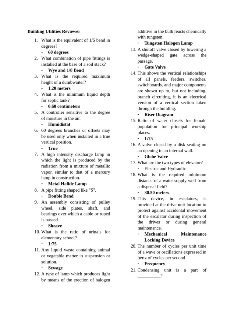 Building Utilities Review Guide | PDF | Elevator | Valve