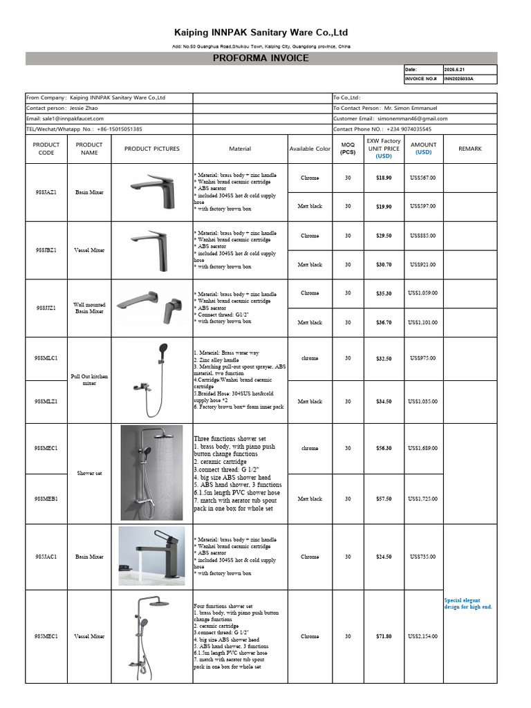 INNPAK Faucet Order Invoice To Simon - by Jessie 2025.5.21 | PDF | Brass | Shower