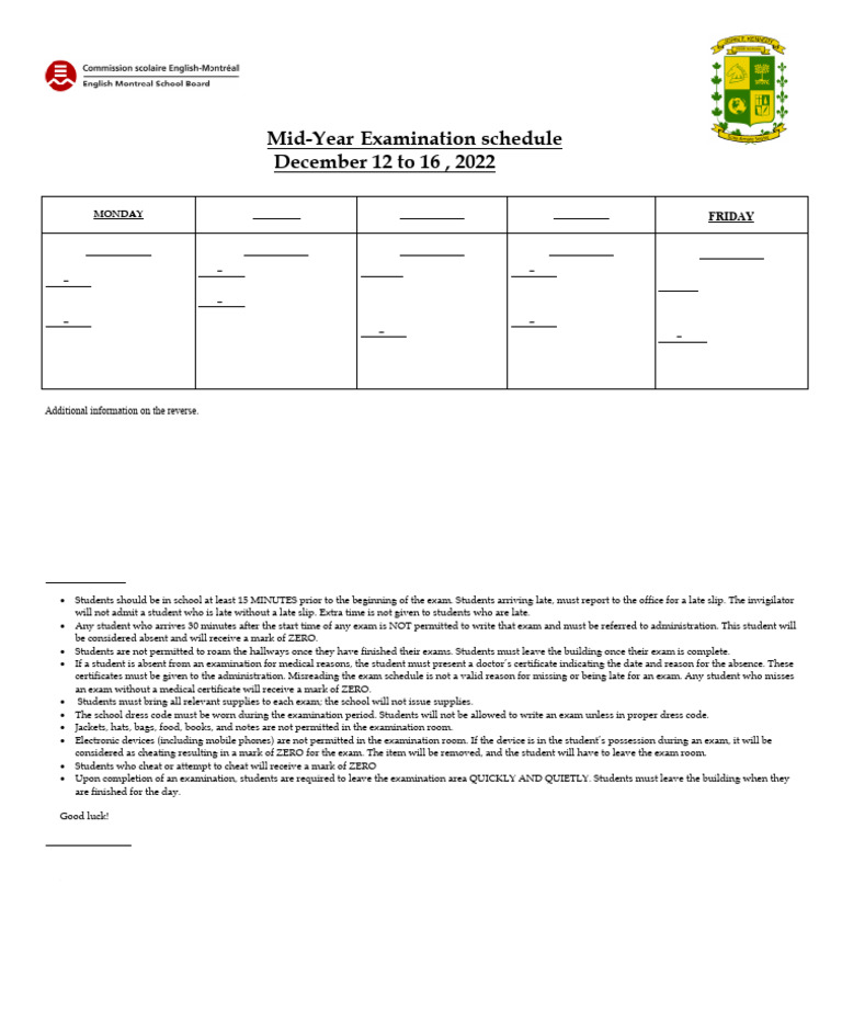 2022 Mid Year Examination Schedule | PDF