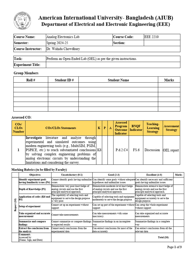 AE Lab OEL Manual - Spring 2024-25 | PDF | Electronic Circuits ...